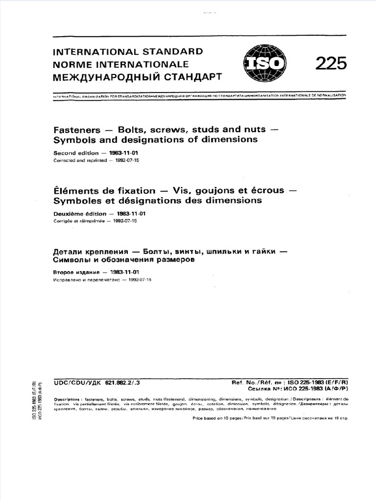 ISO 225 1983 (Elementos de Fijación. Pernos, Tornillos, Espárragos y Tuercas. Símbolos y ...