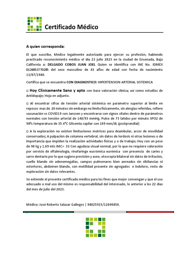 Certificado Médico CPP Delgado Cobos Juan Joel | PDF