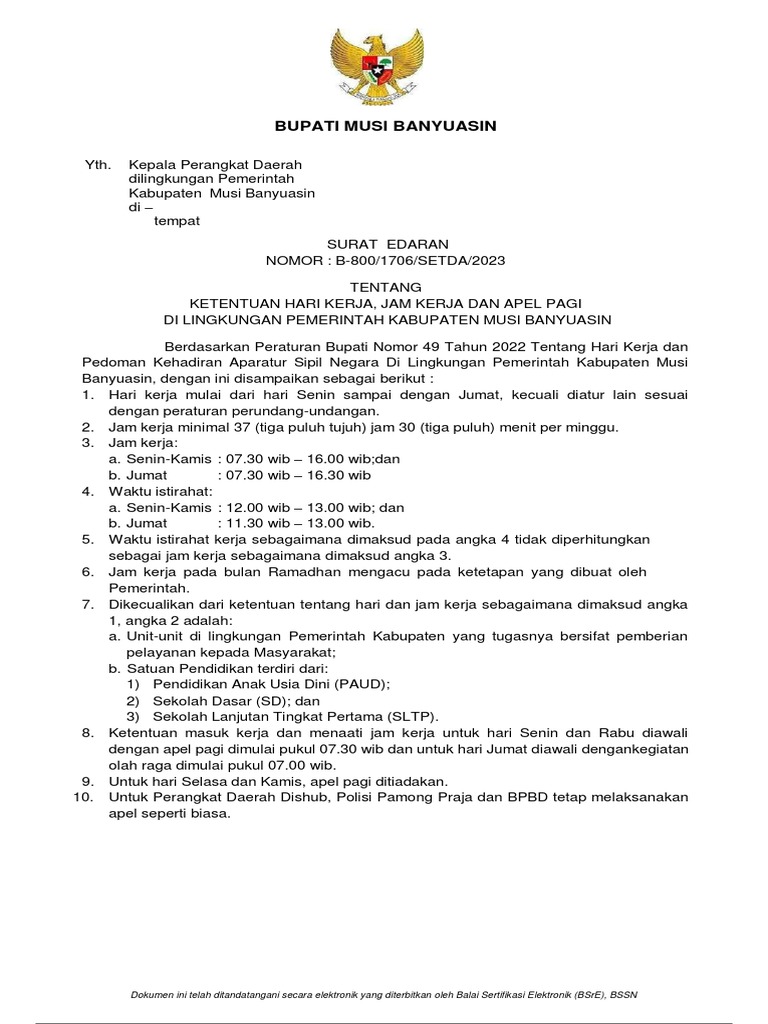 Edaran Jam Kerja Dan Apel Pagi Kab Muba 2023 September Edit PDF | PDF
