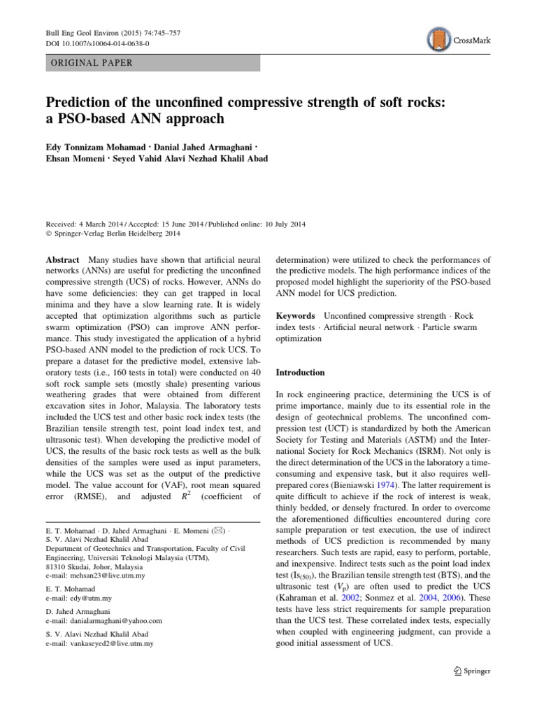 Prediction of The Unconfined Compressive Strength of Soft Rocks A PSO-based ANN Approach | PDF ...