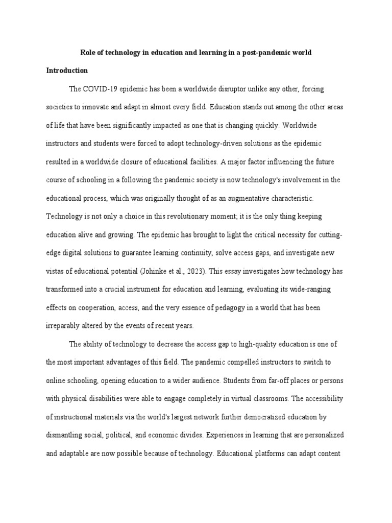Role of Technology in Education and Learning in A Post-Pandeic Covid19 | PDF | Educational ...