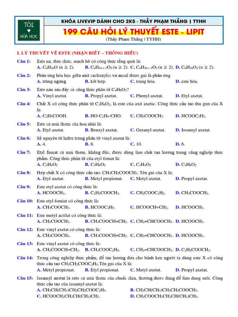 199 Câu Hỏi Lý Thuyết Este - Lipit Từ Dễ Đến Khó Nhóm Kín Live Vip 2K5 ...