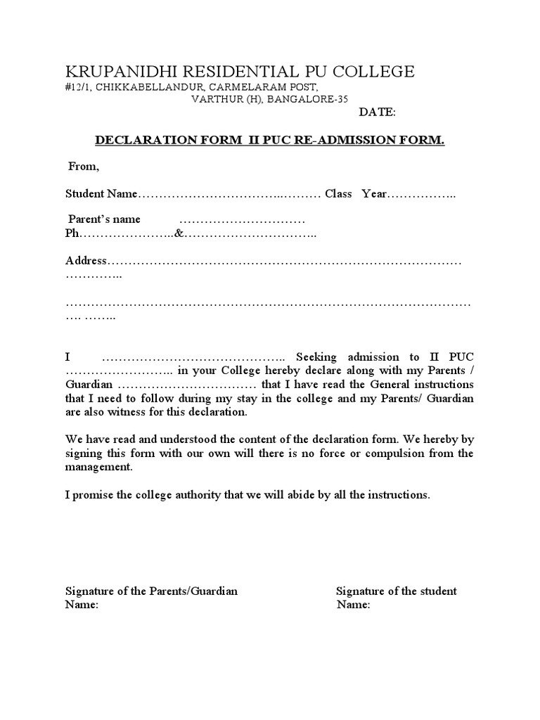 Re - Admission and Declaration Form II PUC | PDF