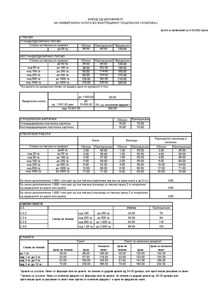 Cenovnik Posta-Mk-2023 | PDF