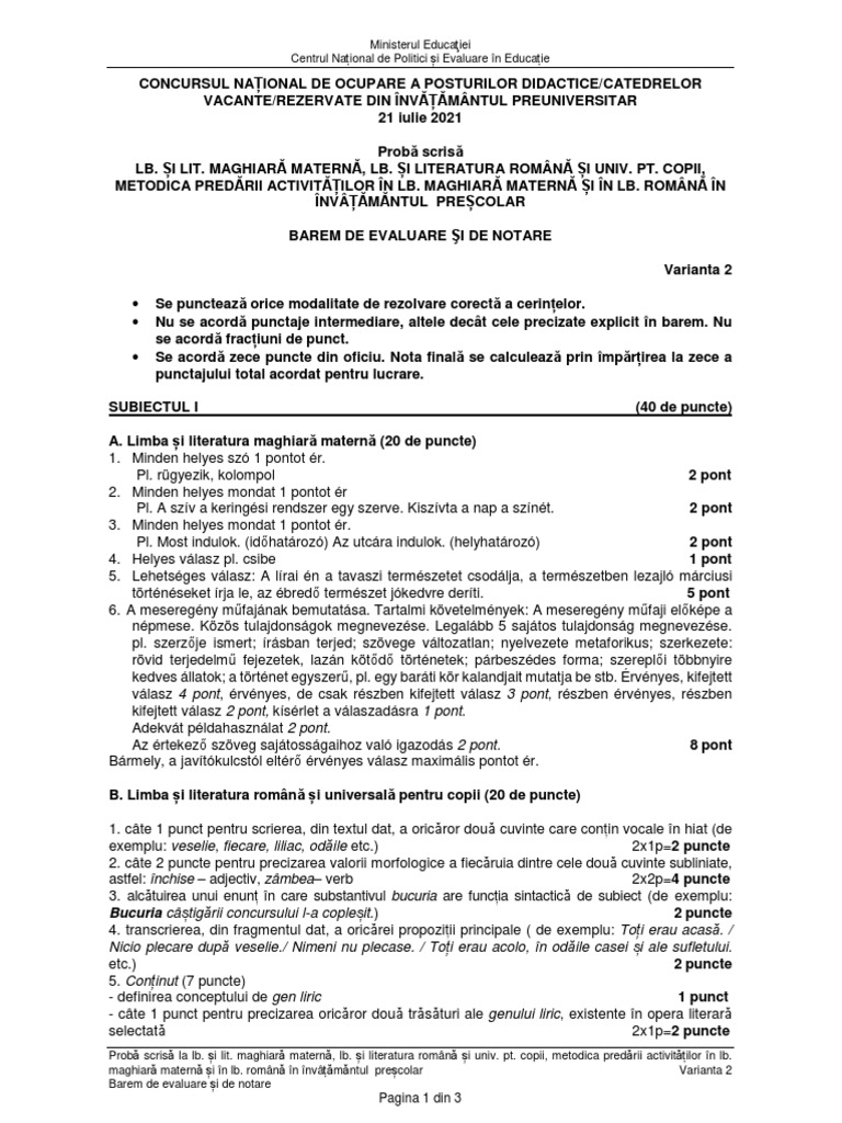 Tit 102 Limba Maghiara Materna E 2021 Bar 02 LRO | PDF