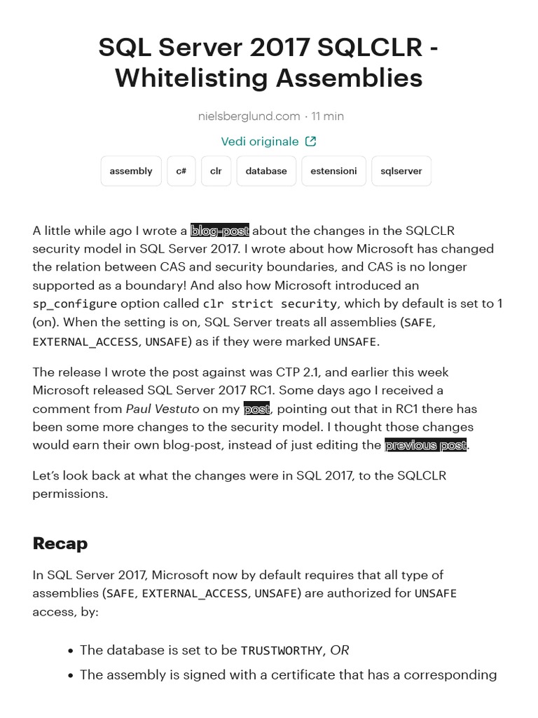 Pocket - SQL Server 2017 SQLCLR - Whitelisting Assemblies | PDF ...