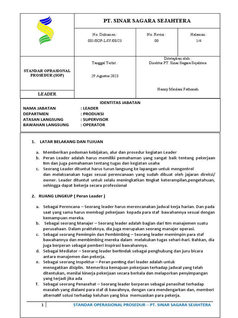 Sop Leader Pt. Sinar Sagara Sejahtera | PDF | Bisnis
