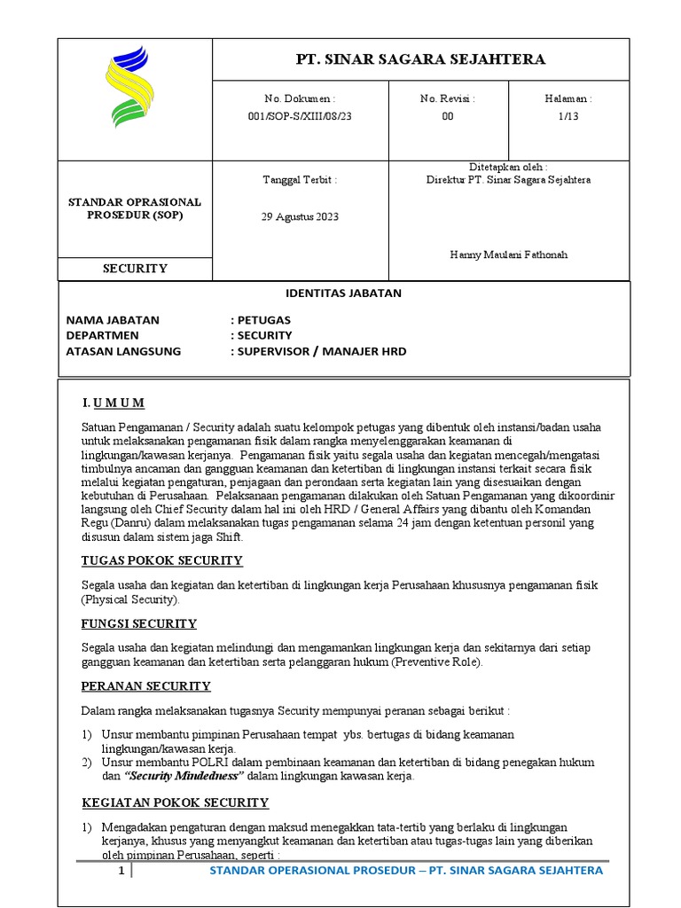 Sop Security Pt. Sinar Sagara Sejahtera | PDF