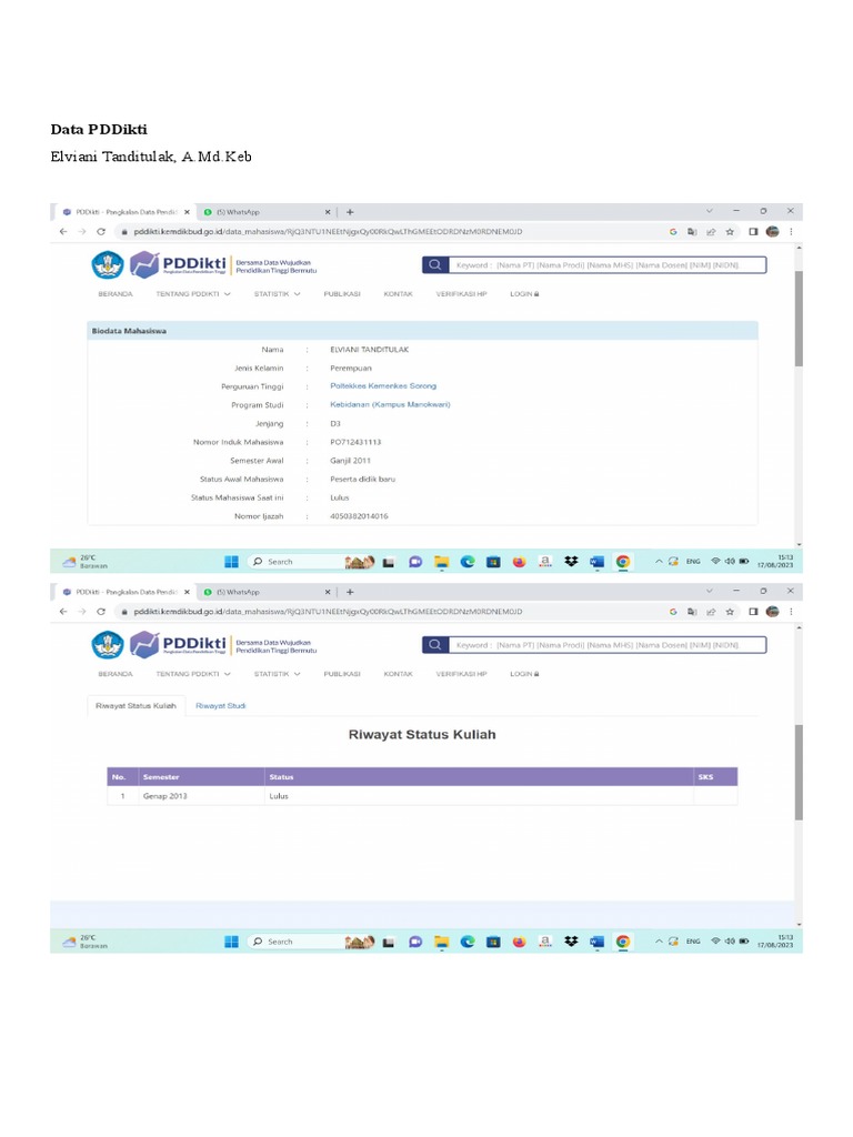 Data PDDikti - Elviani Tanditulak, A.Md - Keb | PDF