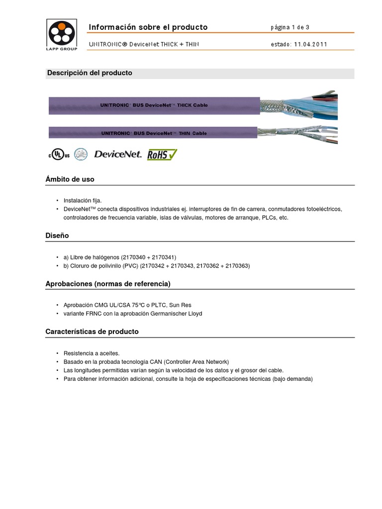 UNITRONIC DeviceNet THICK THIN | PDF | Resistencia Eléctrica y ...