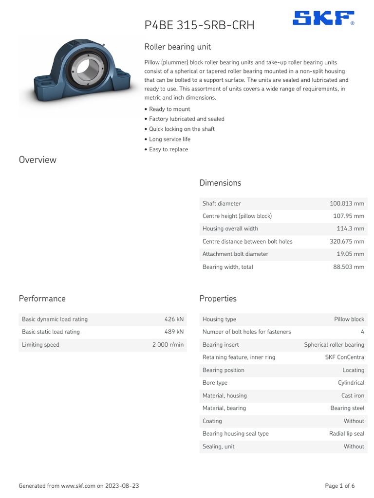 SKF P4BE 315-SRB-CRH Specification | PDF | License | Bearing (Mechanical)