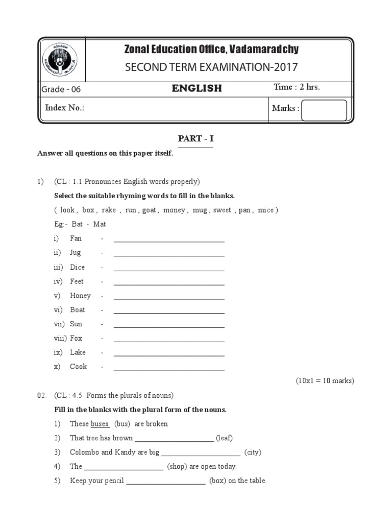 Grade 6 English Second Term Exam 2017 | PDF