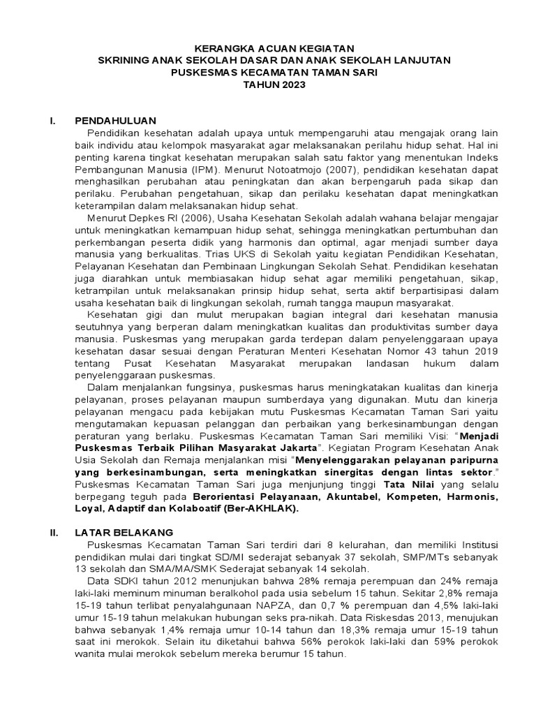 KAK Skrining Anak Sekolah Dasar Dan Anak Sekolah Lanjutan | PDF