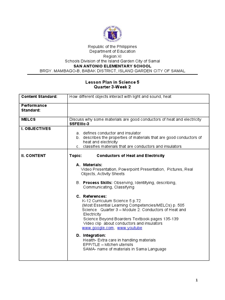 Lesson Plan In-Science-5 Q3-W2 | PDF | Electrical Conductor | Metals