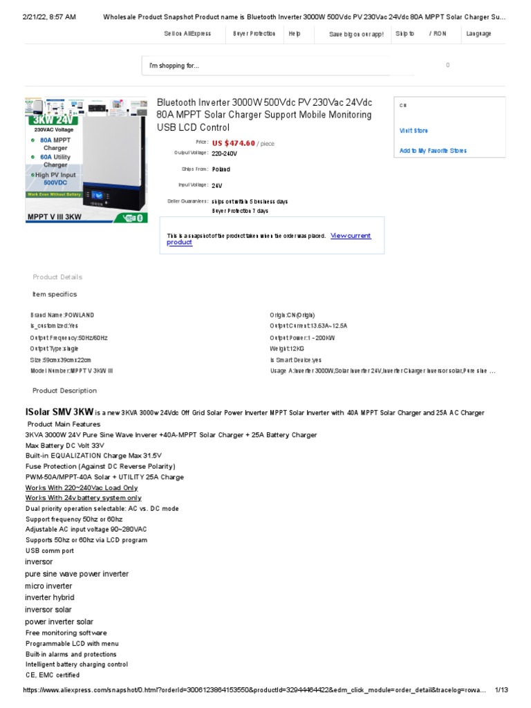 Powerland Inverter 3000W 500Vdc PV 230vac 24Vdc 80A | PDF | Power Inverter | Battery Charger
