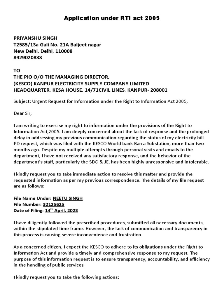 Application under RTI act 2005 | PDF | Government | Justice