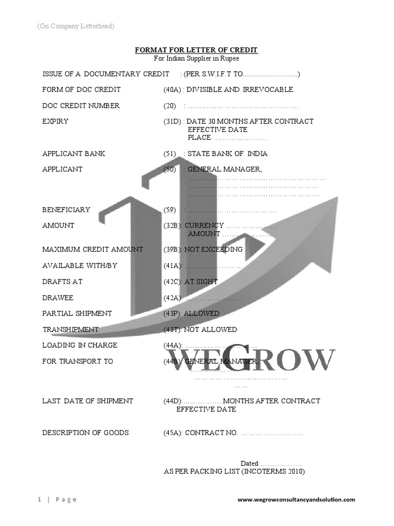 FORMAT for Letter of Credit | PDF | Letter Of Credit | Personal Finance