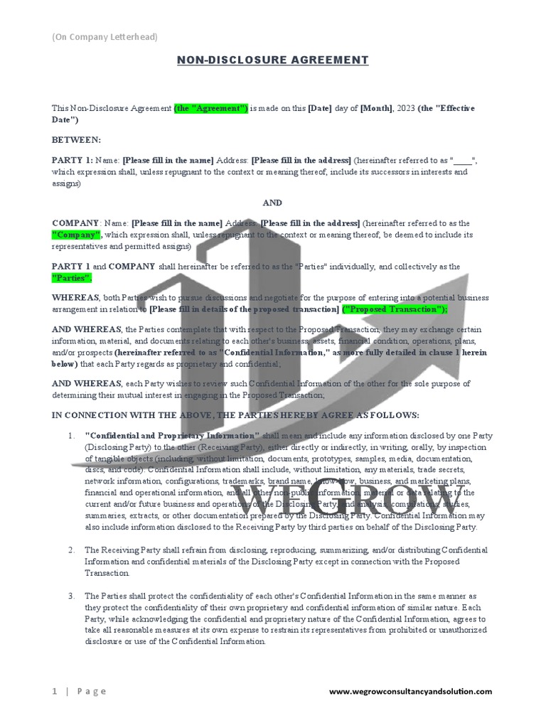 Non-Disclosure Agreement: (On Company Letterhead) | PDF