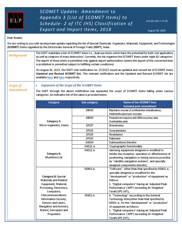 SCOMET Update Amendment To Appendix 3 List of SCOMET Items To Schedule 2 of ITC HS ...