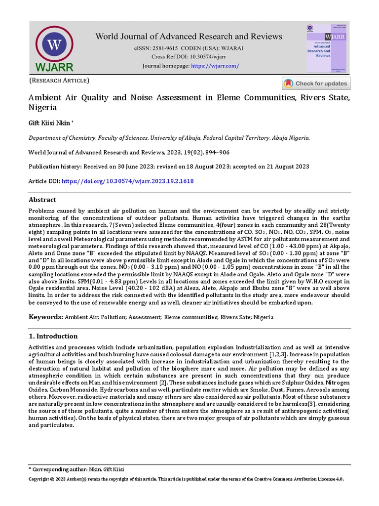 Ambient Air Quality and Noise Assessment in Eleme Communities, Rivers State, Nigeria | PDF | Air ...