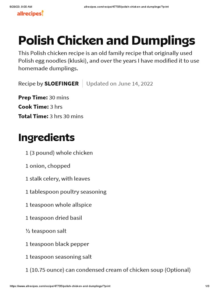 Recipe 47705 Polish-chicken-And-dumplings Print | PDF | Teaspoon | Chicken Soup