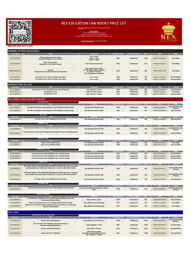 Rex Education REX Book Store Law Books Pricelist 07112023 | PDF ...