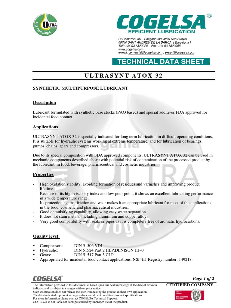 Ultrasynt Atox 32 10785 Fds SP Es 6.0 | PDF | Lubricant | Viscosity