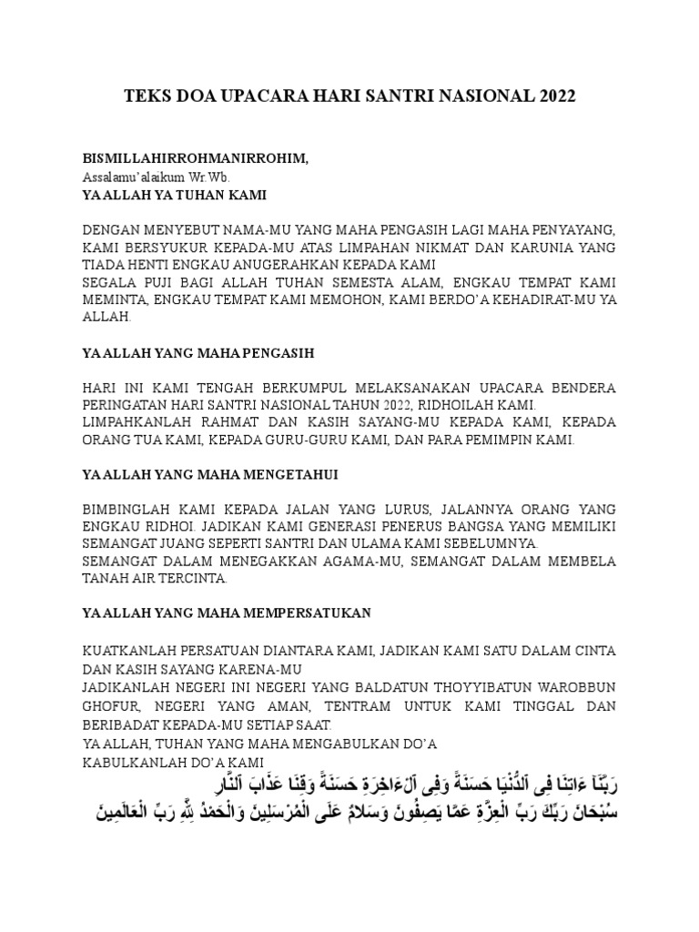 Teks Doa Upacara Hari Santri Nasional 2022 | PDF | Agama & Spiritualitas