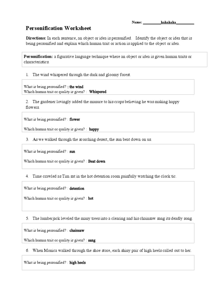 Personification Worksheet | PDF