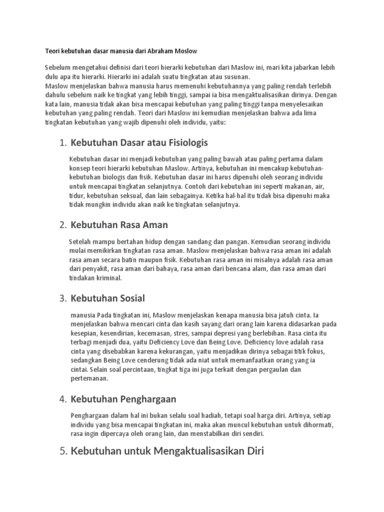 Teori Kebutuhan Dasar Manusia Dari Abraham Moslow | PDF