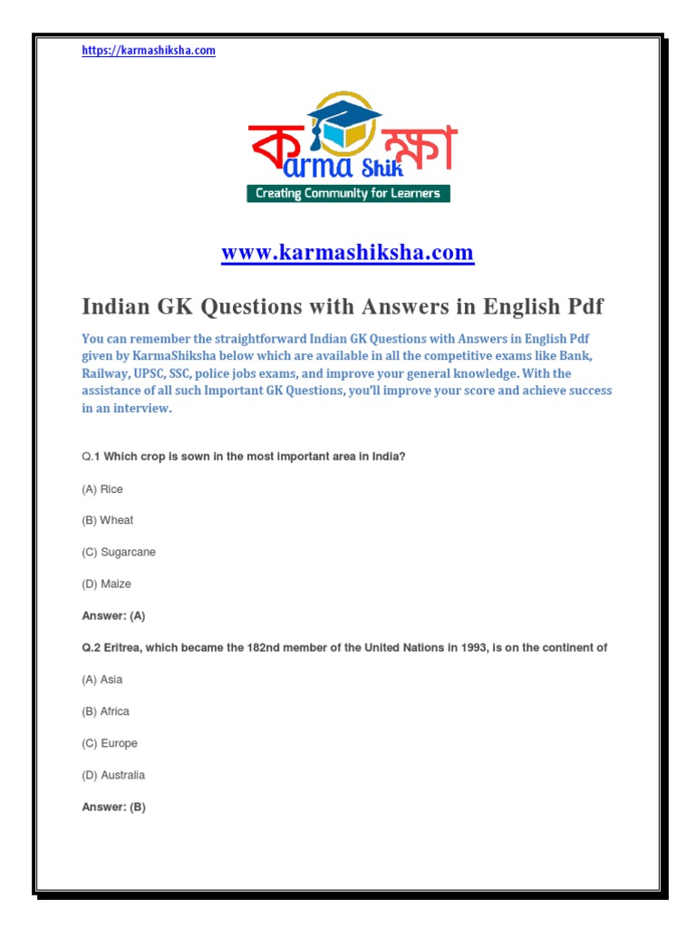 Indian GK Question With Answar in English | PDF | Gulf Cooperation Council