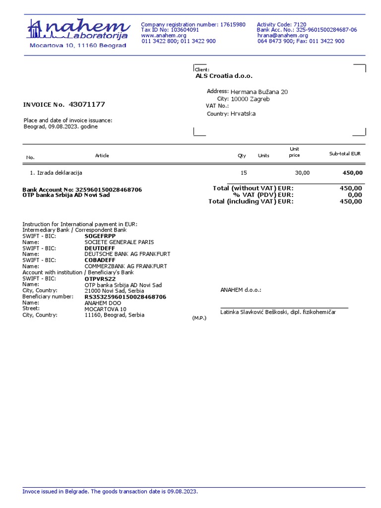 Invoice for ALS Croatia - 09.08.2023 | PDF | Invoice | Business