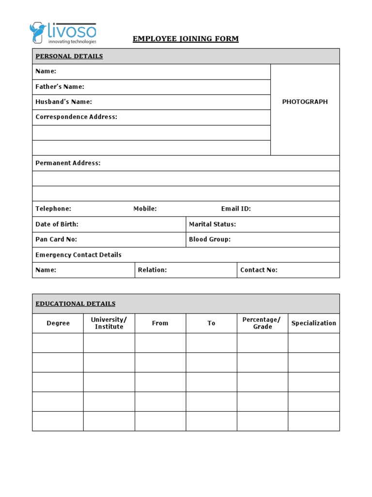 Employee Joining Form Livoso | PDF