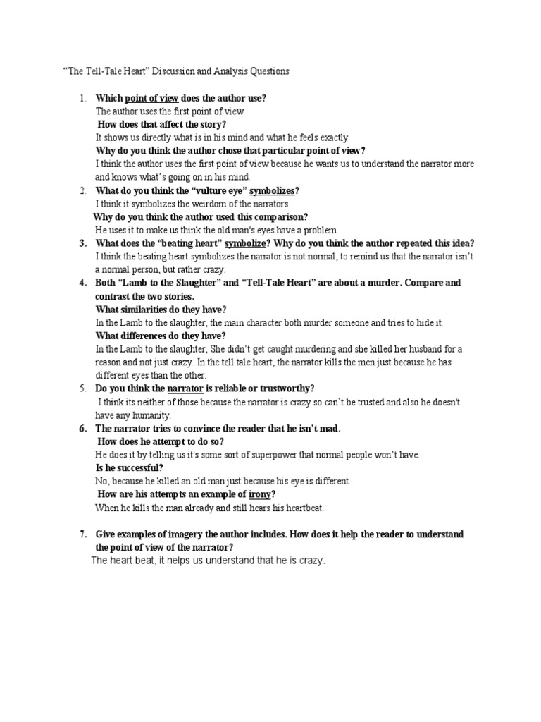"The Tell-Tale Heart" Discussion and Analysis Questions | PDF | General ...