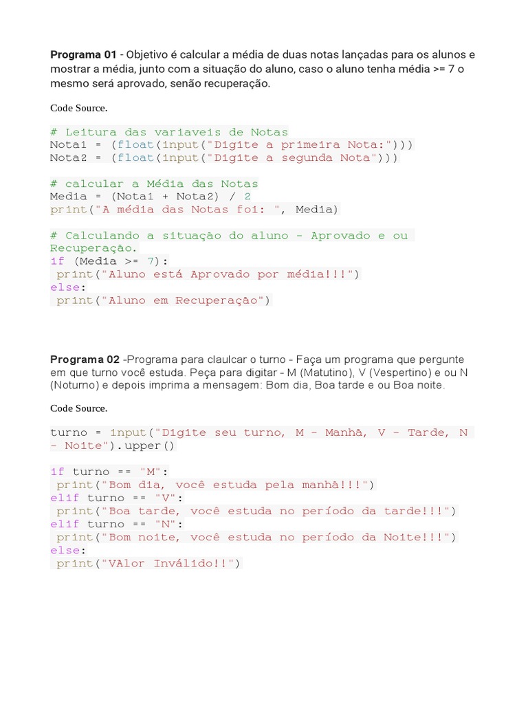 Exercicios Python 01 | PDF | Arquivo de texto | Informática Exercicios Python 01 | PDF | Arquivo de texto | Informática