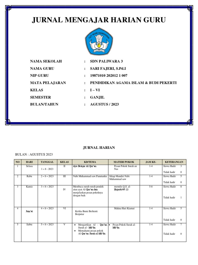 Jurnal Harian Mengajar PAI SD 2023 | PDF