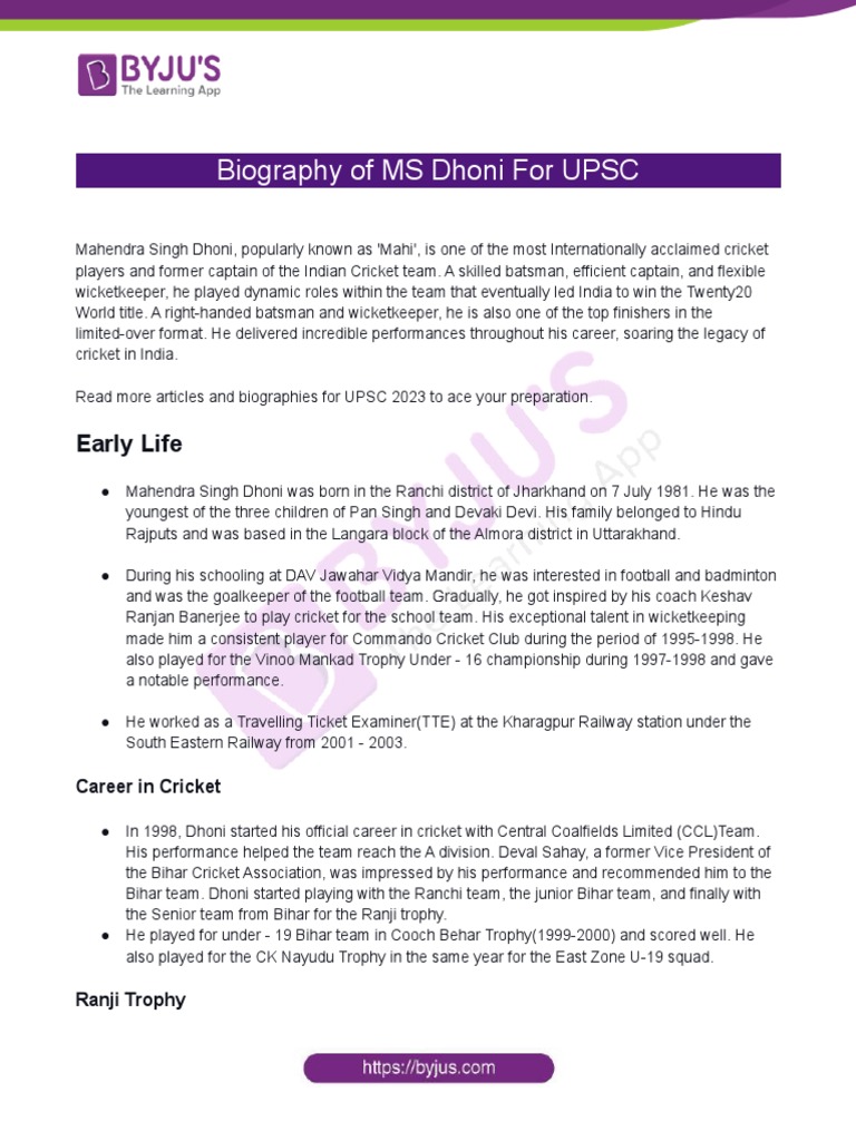 MS Dhoni Biography | PDF | Cricket | Ball And Bat Games