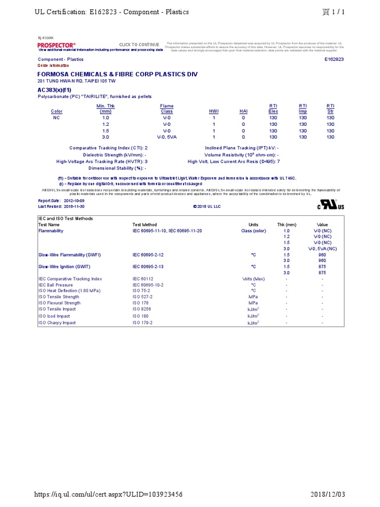 UL Certification E162823 - Component - Plastics | PDF | International Electrotechnical ...