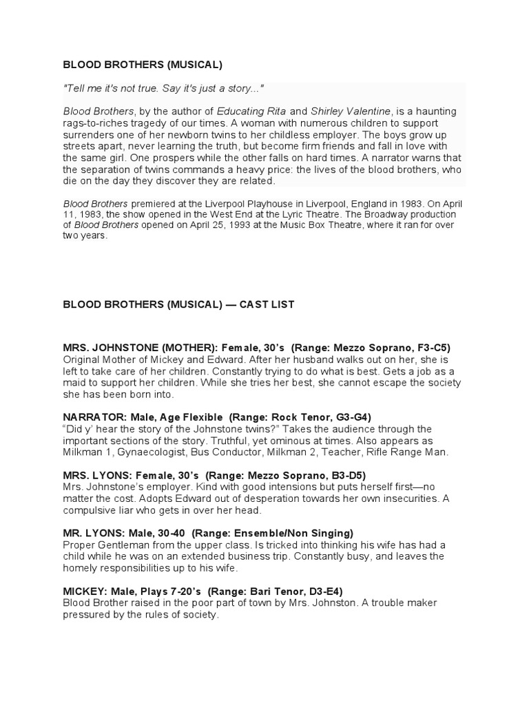 BLOOD BROTHERS Character Description | PDF