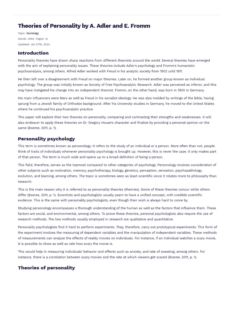 Theories of Personality by A. Adler and E. Fromm - Free Essay Example ...