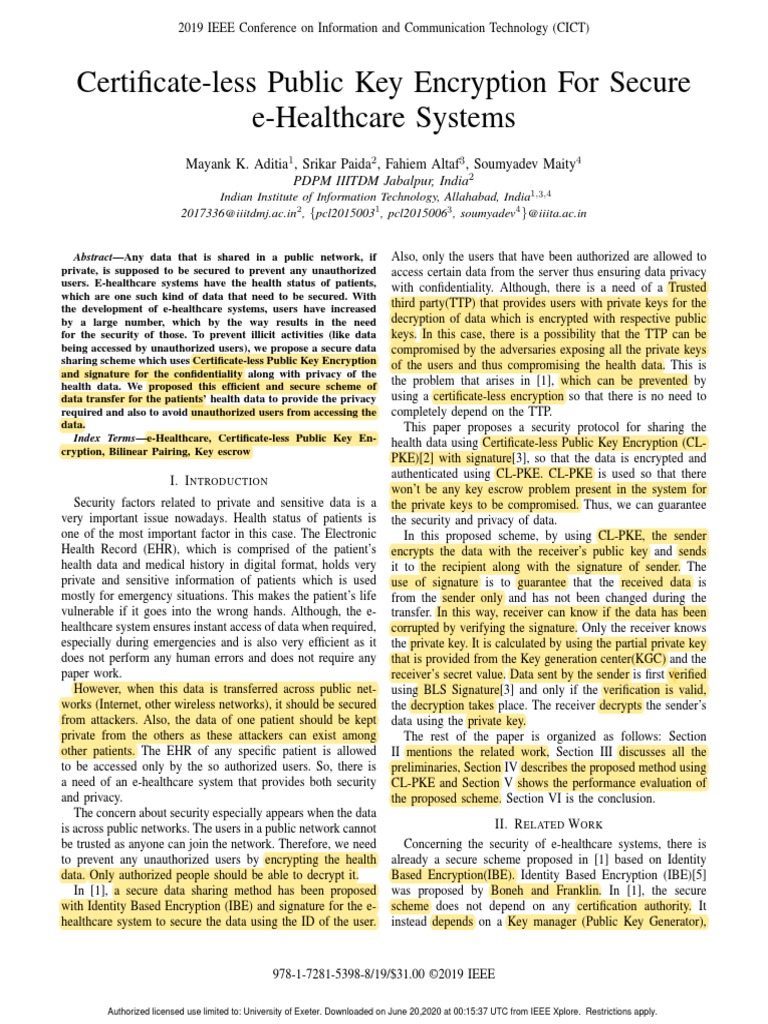 Certificate-Less Public Key Encryption For Secure | PDF | Key (Cryptography) | Public Key ...