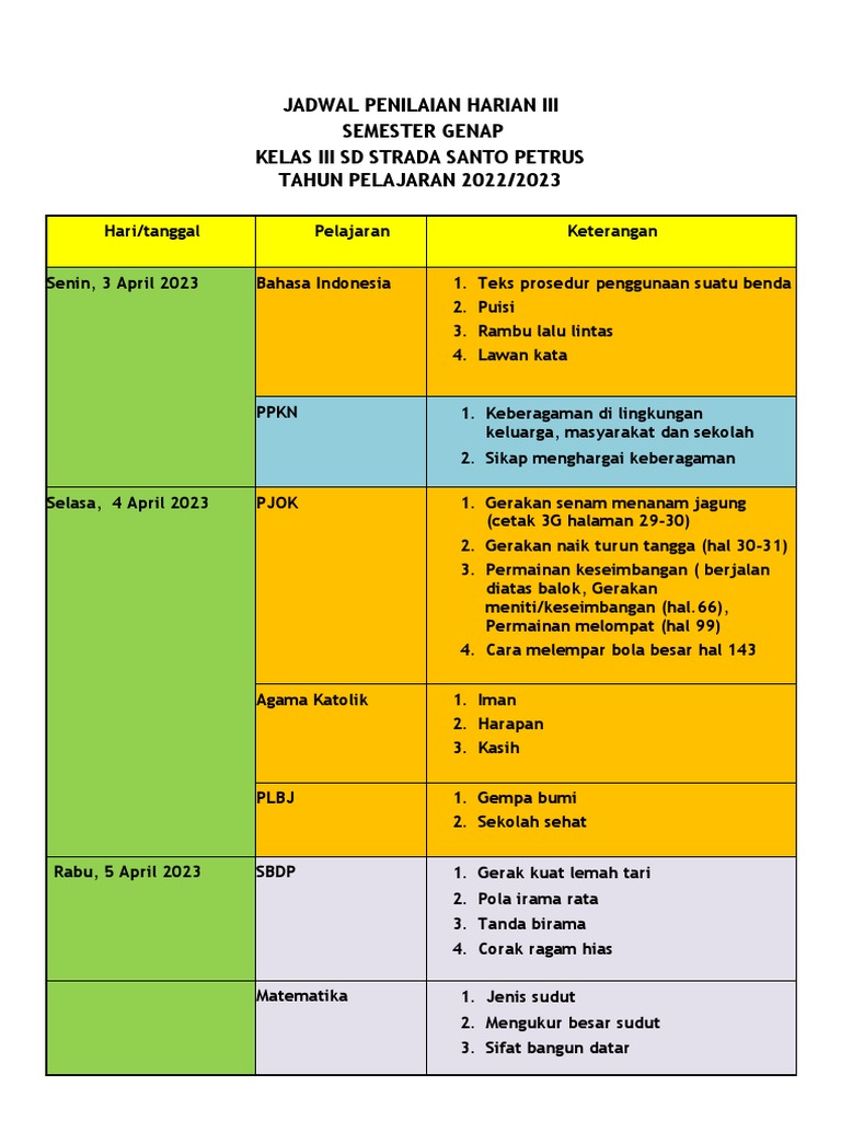 Jadwal Penilaian Harian Iii Semester Genap | PDF