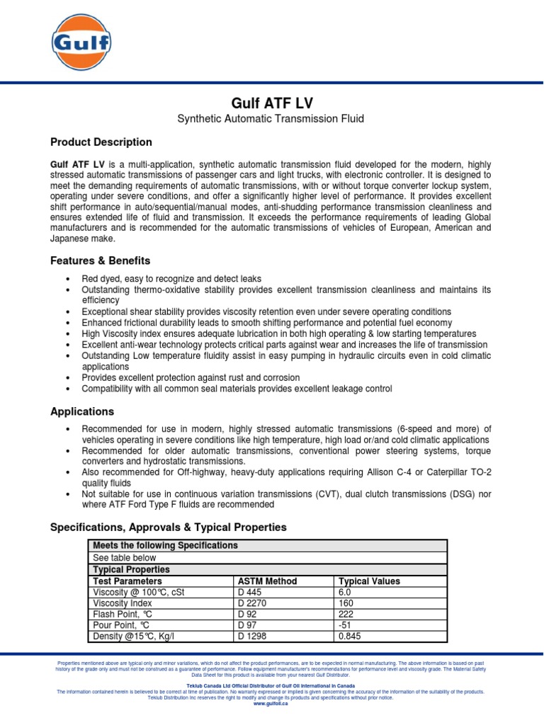 Gulf Atf LV | PDF | Automatic Transmission | Motor Vehicle