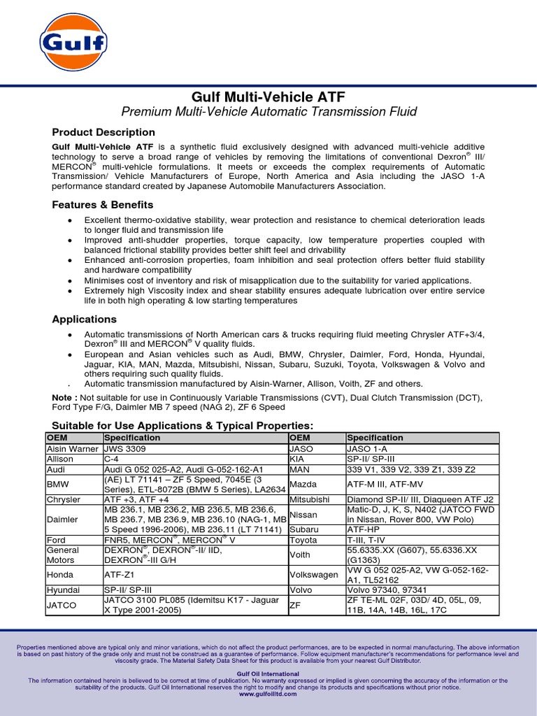 Gulf Multi Atf PDS | PDF | Automatic Transmission | Automotive Technologies