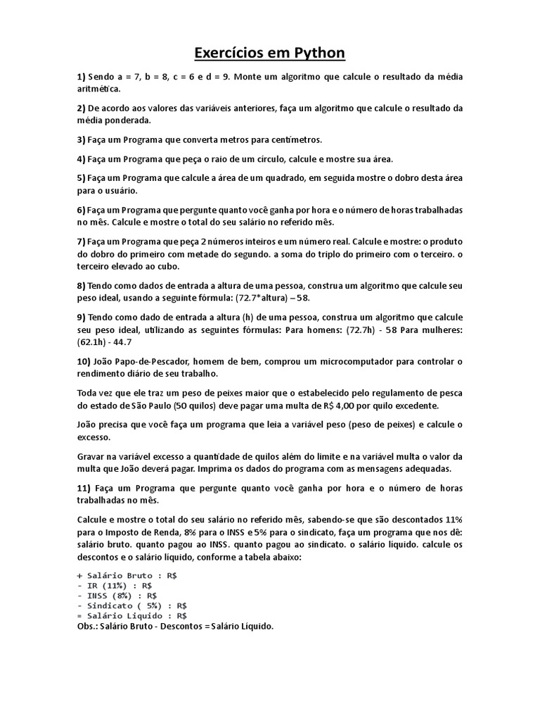 Exercícios em Python | PDF | Salário mínimo | Média