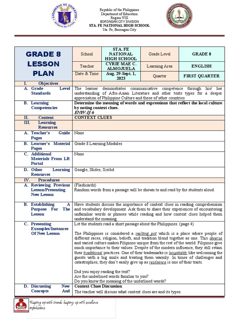 Q1 Week 1 English 8 LP | PDF | Learning | Reading Comprehension