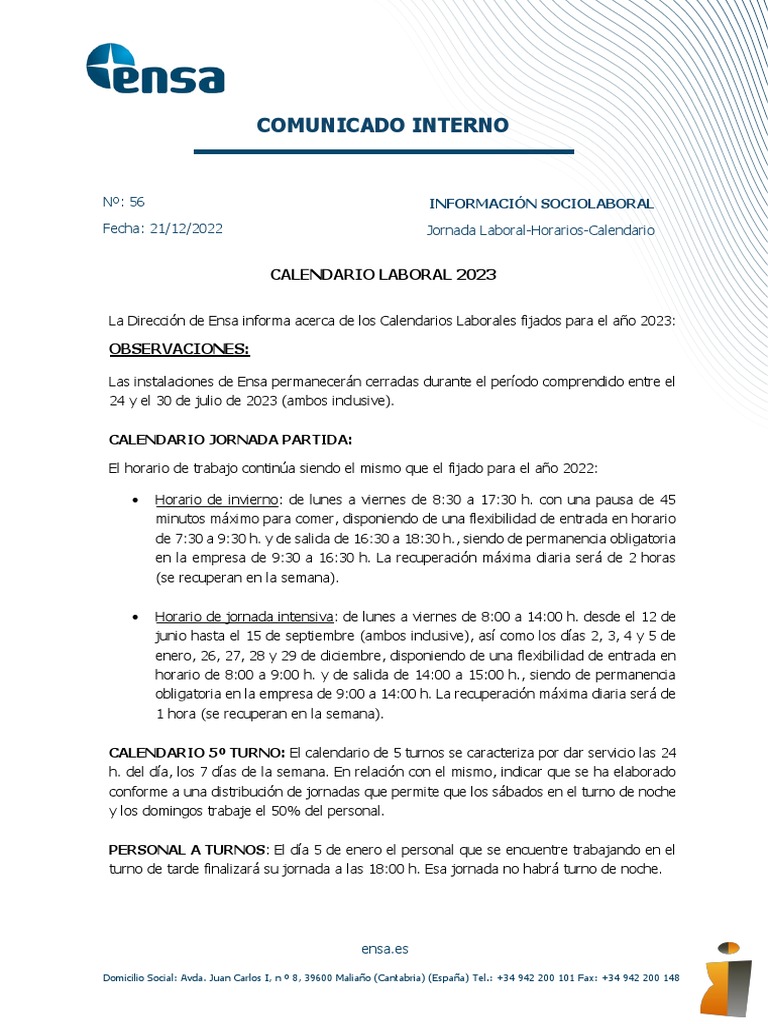 Calendario Laboral Ensa 2023 | PDF | Calendario | Tiempo espacial