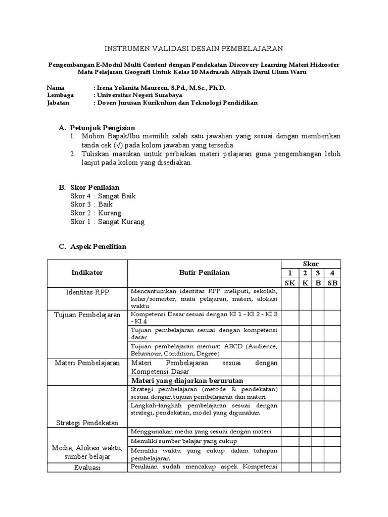 Instrumen Validasi Desain Pembelajaran | PDF