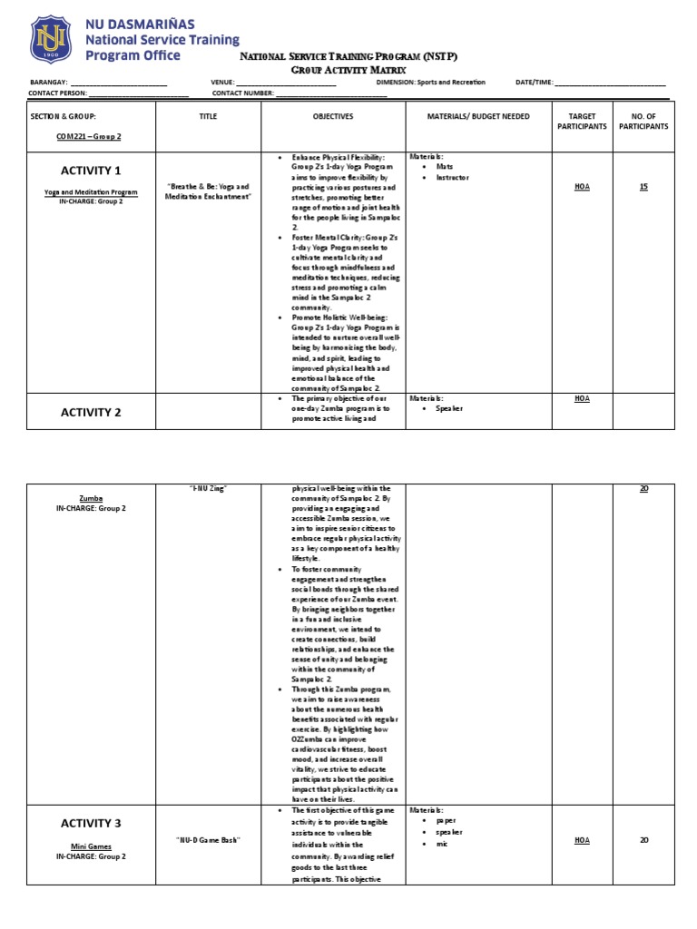 NSTP Group Activity Plan | PDF | Meditation | Yoga