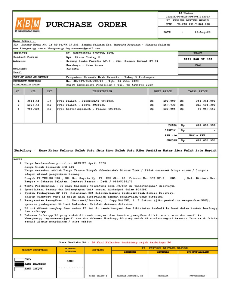 Po Pt. Djabesdepo Fortuna Raya 220823 | PDF